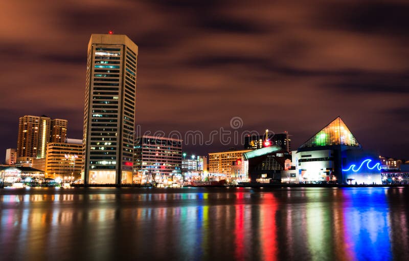 Long Exposure of the Colorful Baltimore Skyline at Night. Stock Image ...