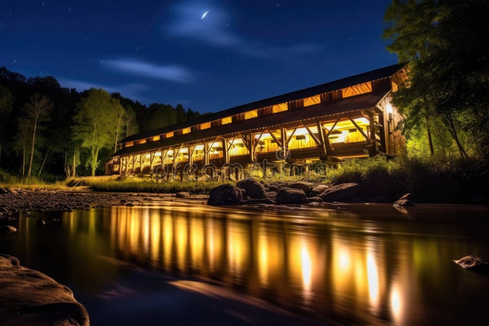 Long Exposure of Covered Bridge at Night Stock Illustration ...