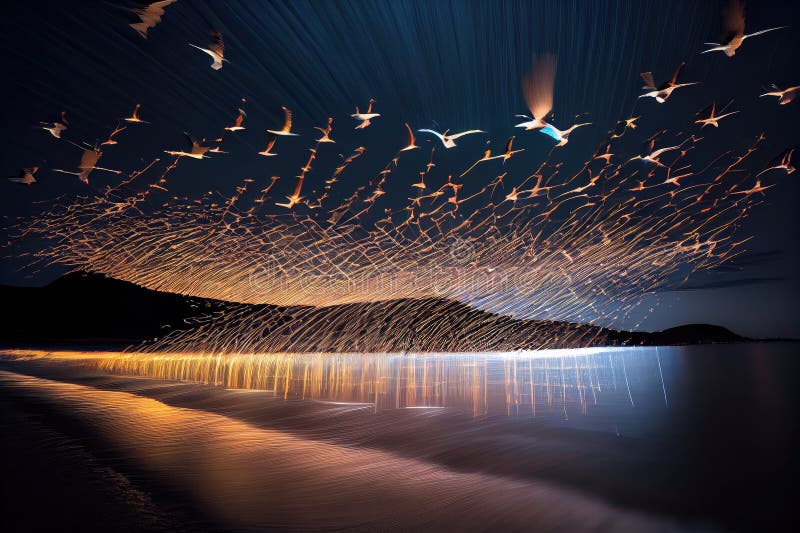 Long Exposure of Flying Flock of Birds, with Their Wings Creating ...