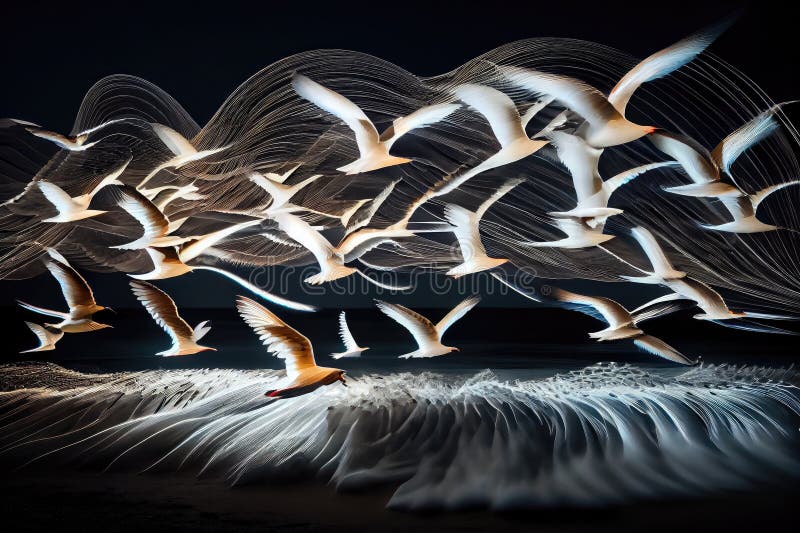 Long Exposure of Flying Flock of Birds, with Their Wings Creating ...