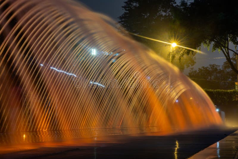 Long Exposure of a Illuminated Fountain at Night, with Water Arcs ...