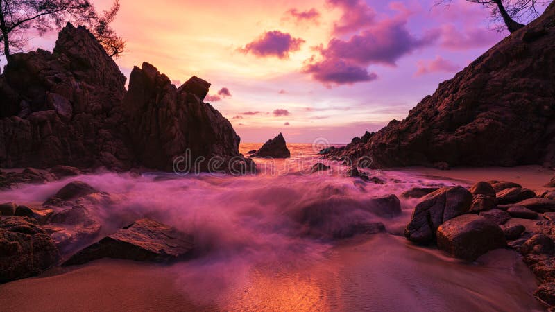 Long Exposure Colorful Sunset or Sunrise Over Sea Clear Sky Sunset with ...