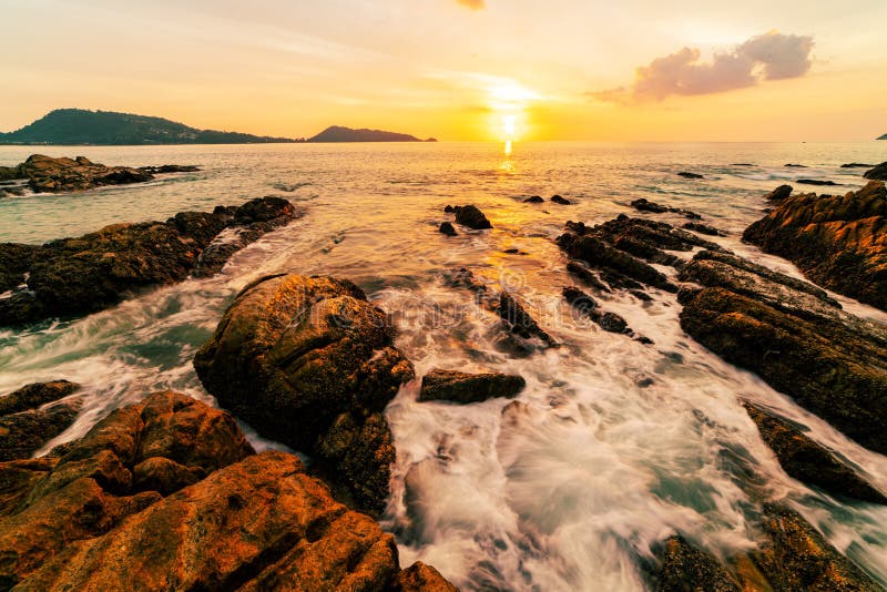 Long Exposure Colorful Sunset or Sunrise Over Sea Clear Sky Sunset with ...