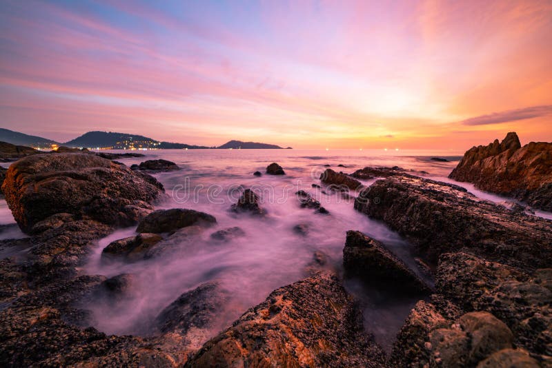 Long Exposure Colorful Sunset or Sunrise Over Sea Clear Sky Sunset with ...