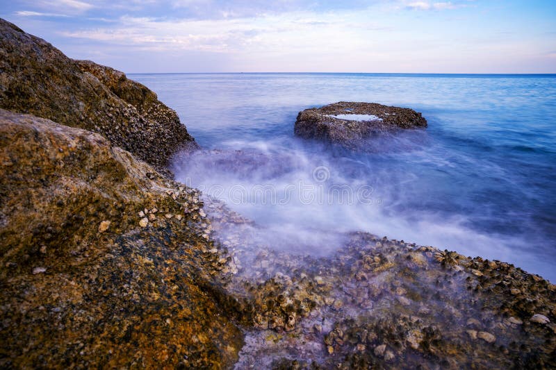 Long Exposure Colorful Sunset or Sunrise Over Sea Clear Sky Sunset with ...