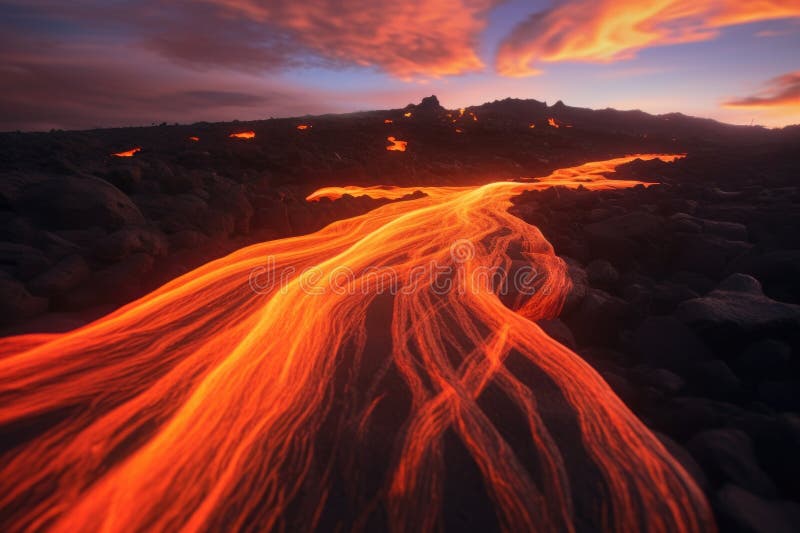 Long Exposure of Lava Flow Creating Fiery Trails Stock Illustration ...