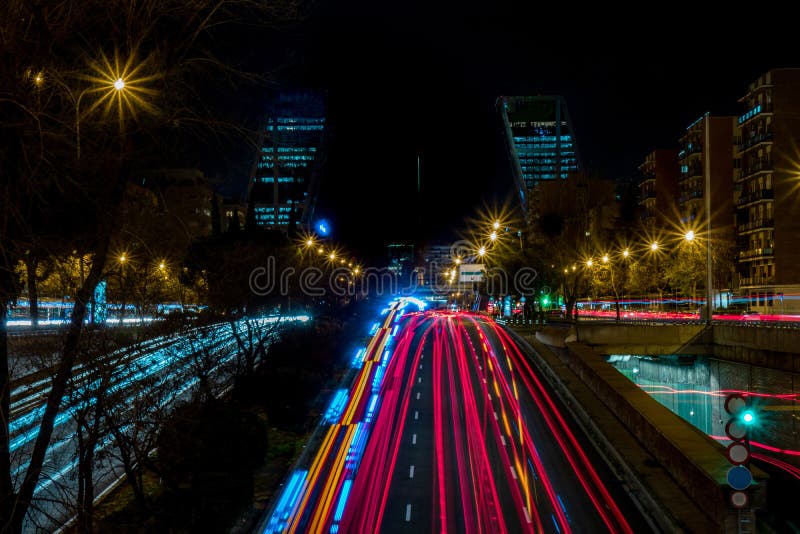Long Exposure Lights Over a Highway at Night in Madrid Stock Image ...