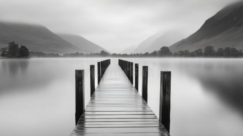 Long Exposure Monochrome Lake Landscape with Pier Stock Illustration ...