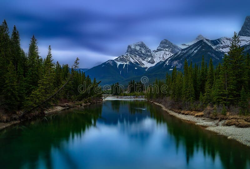 Long Exposure Mountain and River View in Canmore Stock Photo - Image of ...