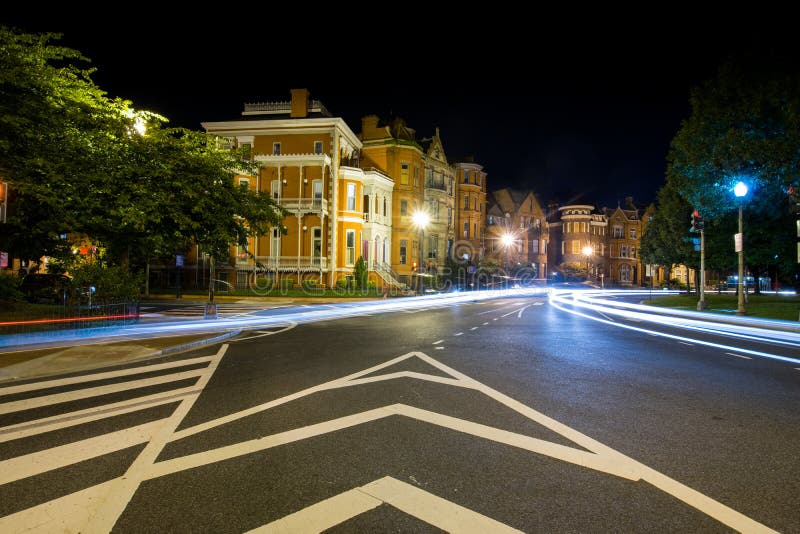 Long Exposure at Night of Logan Circle in Downtown DC Stock Photo ...
