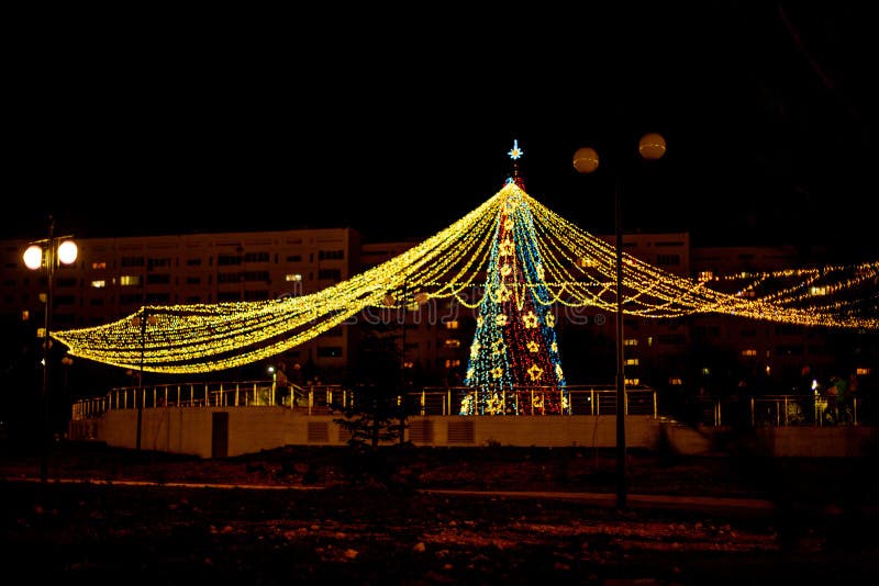 Long Exposure Night Shot of a Uniquely Decorated Main Christmas Tree in ...