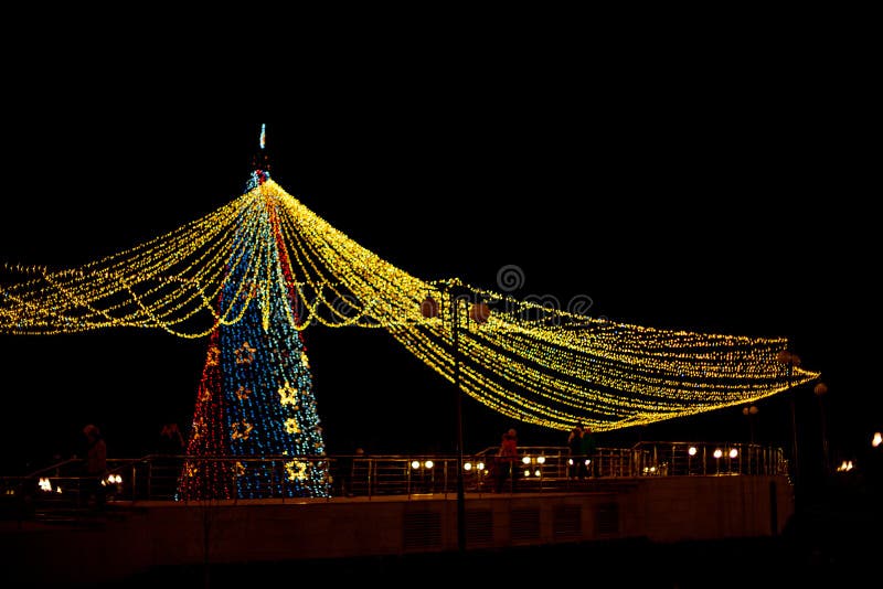 Long Exposure Night Shot of a Uniquely Decorated Main Christmas Tree in ...
