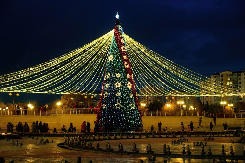 Long Exposure Night Shot of a Uniquely Decorated Main Christmas Tree in ...