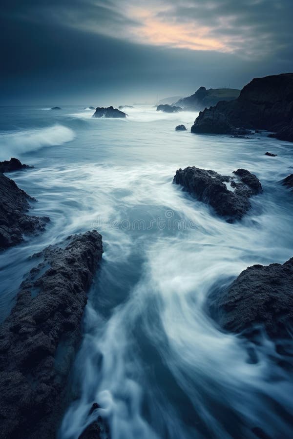 Long Exposure of Ocean Waves Creating Smooth Effect Stock Illustration ...