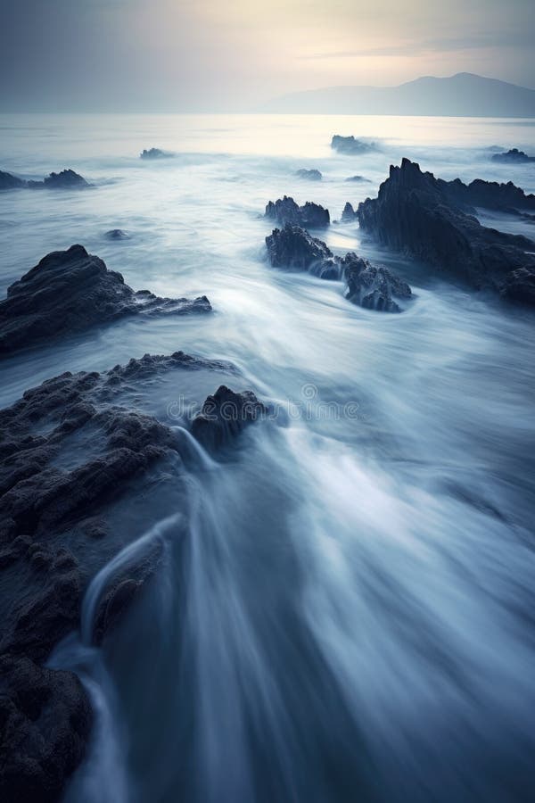 Long Exposure of Ocean Waves Creating Smooth Effect Stock Illustration ...