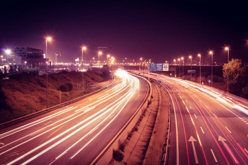 Long Exposure Over a Highway at Night Stock Image - Image of lane, long ...
