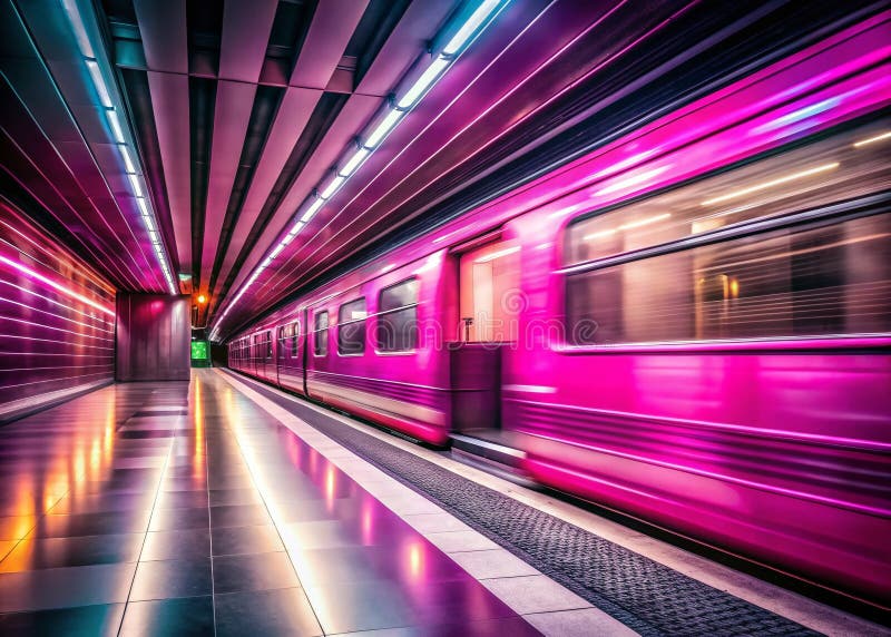 A Long Exposure Perspective of a Pink Subway Train Capturing the Citys ...