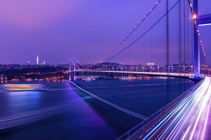 A Long Exposure Photo of a Bridge at Night Stock Image - Image of ...