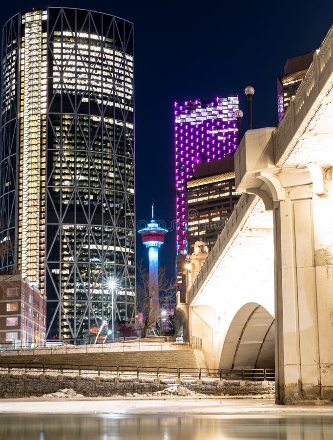 Downtown Landmarks at Night in Calgary Alberta Canada Stock Image ...