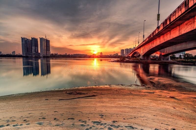 A Long Exposure Picture of Beautiful Burning Sunset Under the Br Stock ...