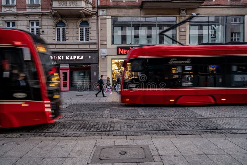 Long Exposure of Red Trams on the Street Editorial Stock Photo - Image ...