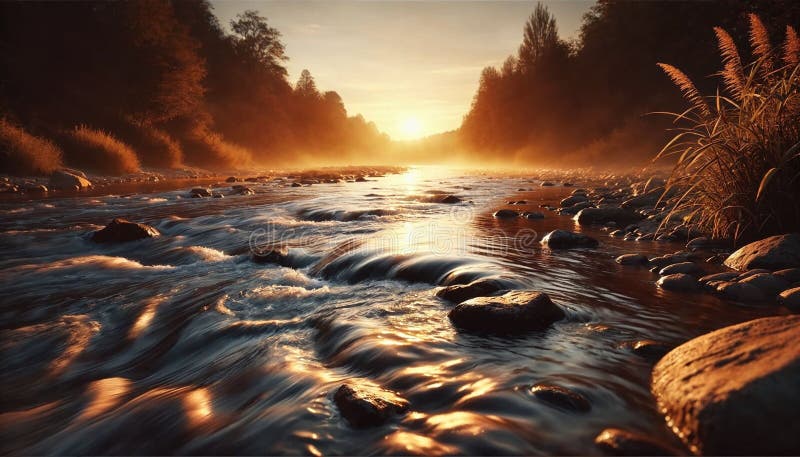 Long Exposure of River Flowing Gently at Sunset with Warm Reflections ...