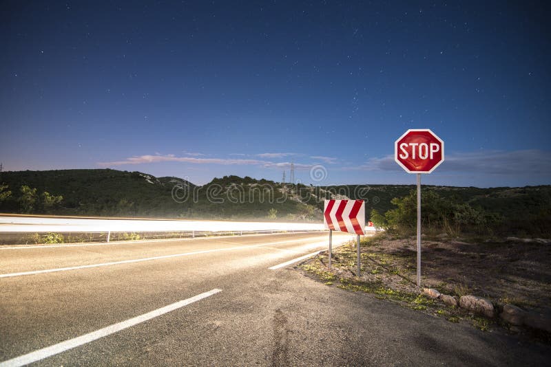 Long Exposure Road Night Stop Sign Car Passing Stock Photos - Free ...