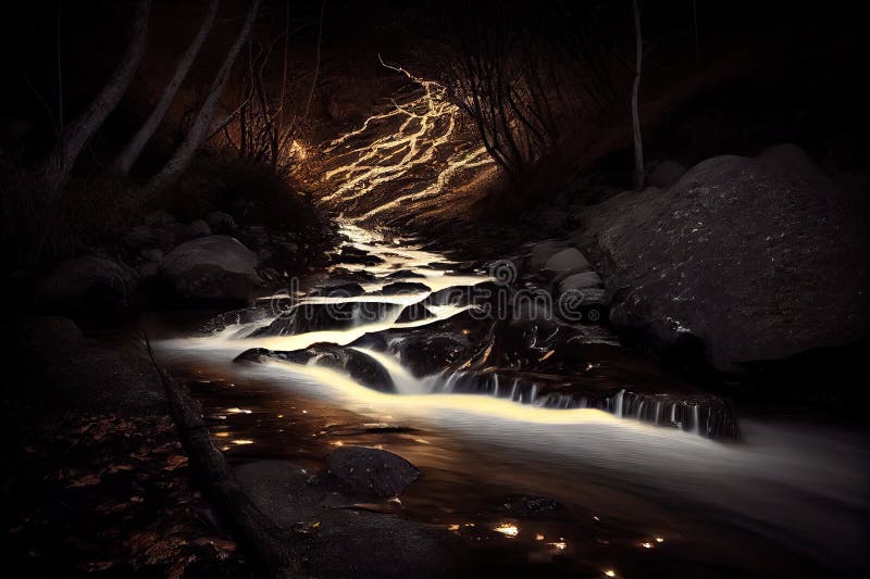Long Exposure of Running Creek, with Flashes of Light from the Water ...