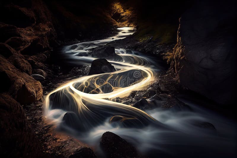 Long Exposure of Running Stream, with the Light and Water Making a ...