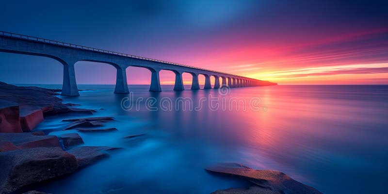 Long Exposure Seascape of a Bridge Disappearing into the Sunset Stock ...