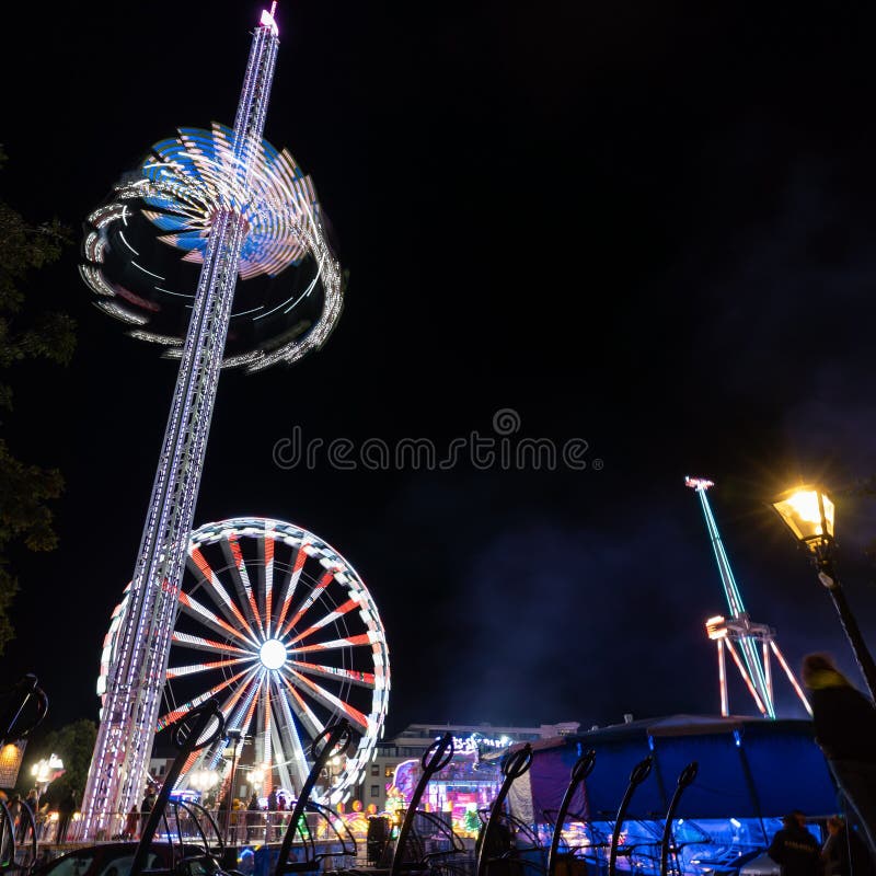 Fun fair at night editorial stock photo. Image of long - 61716338