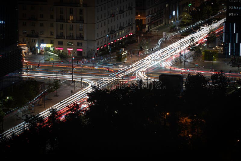 Long Exposure Shot of the Crossroad in Warsaw by Night Editorial Stock ...