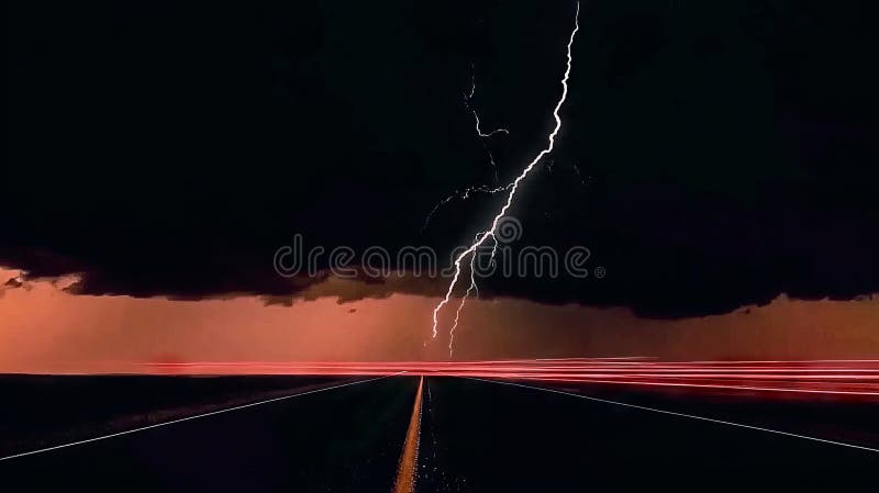 A Long Exposure Shot of a Road with a Lightning Bolt in the Sky Stock Image - Image of dark ...