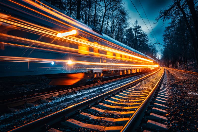 A Long Exposure Shot of a Train Traveling through the Woods at Night ...