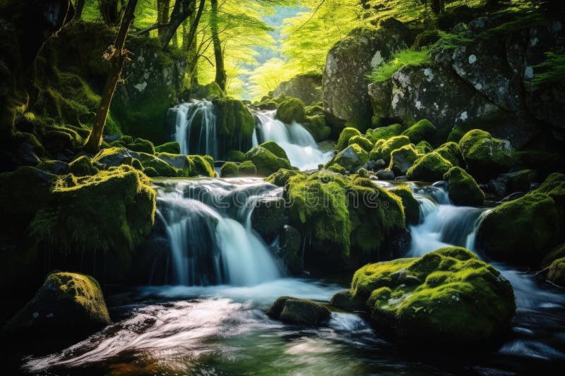 Long Exposure of Small River with Waterfall in Idyllic Forest Stock ...