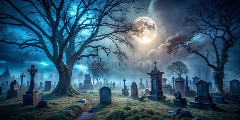 A Long Exposure of a Spooky Graveyard at Night Under a Full Moon Eerie ...