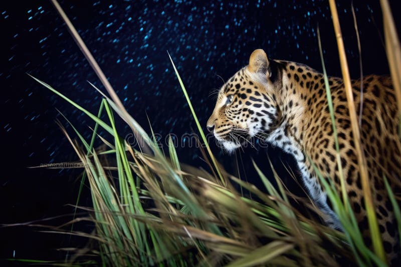 Long Exposure of a Stalking Leopard Under Starry Sky Stock Illustration ...