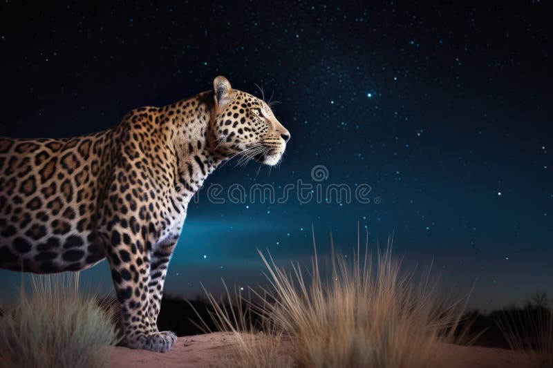 Long Exposure of a Stalking Leopard Under Starry Sky Stock Illustration ...