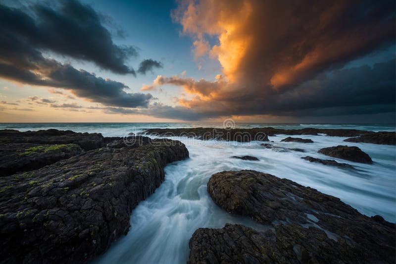 Long Exposure of a Stormy Sunset Over the Rocks on the Beach Stock ...