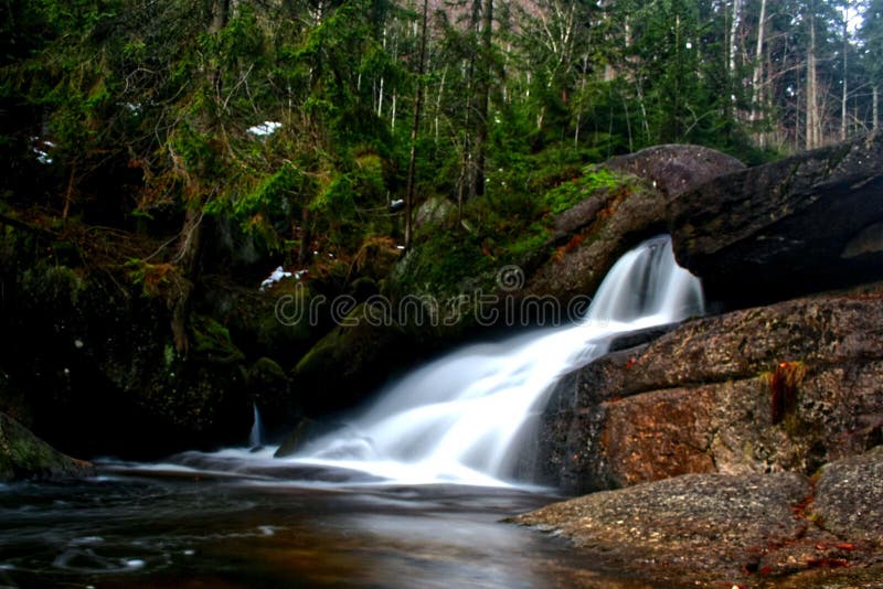 Long Exposure of the Stream Flowing Down the Mossy Rocks in a Deep ...