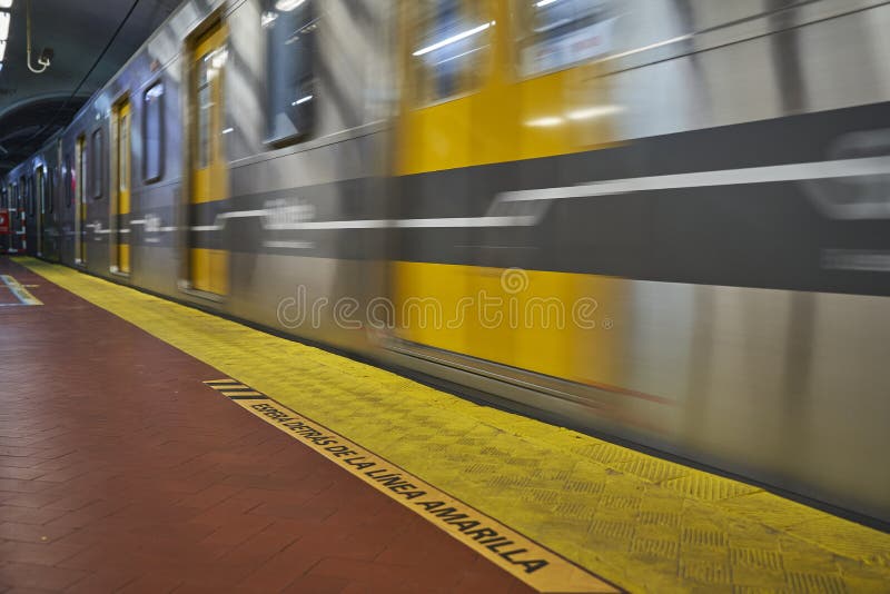 Long Exposure of a Subway Underground Train in a Metro Station with ...
