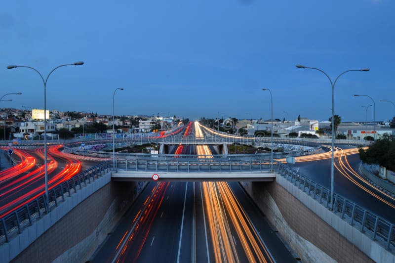 Long Exposure of Traffic Lights Under and Over the Bridge Stock Photo ...