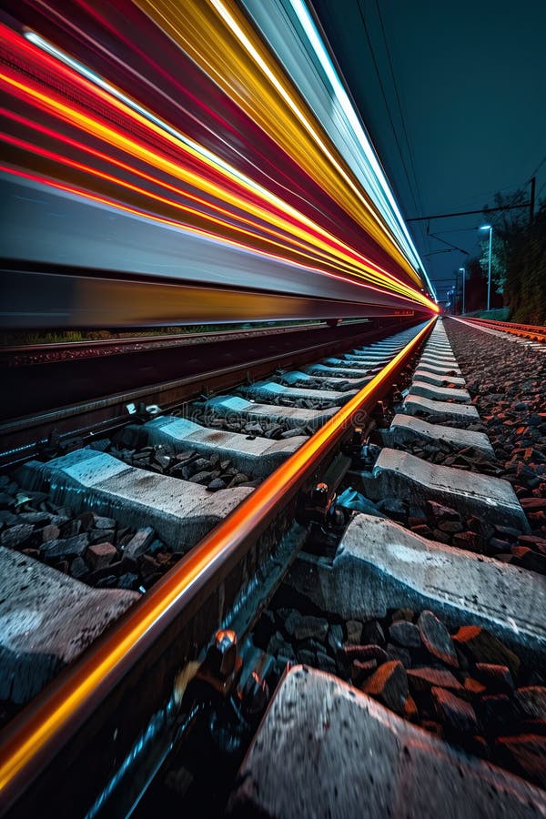 Long Exposure of Train Passing by at Night Creating Vibrant Light ...