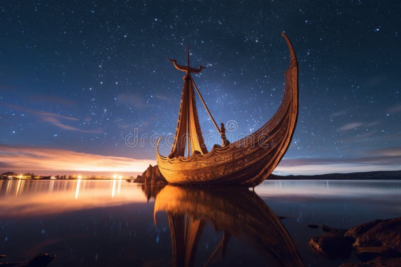 Long Exposure of a Viking Ship Under a Starlit Night Sky Stock ...