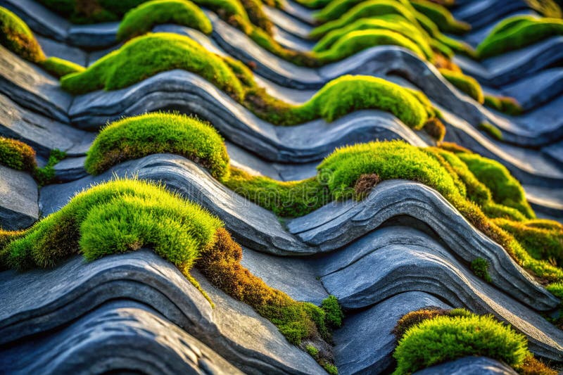 A Long Exposure of Weathered Gray Slate with Intricate Moss Patterns a ...