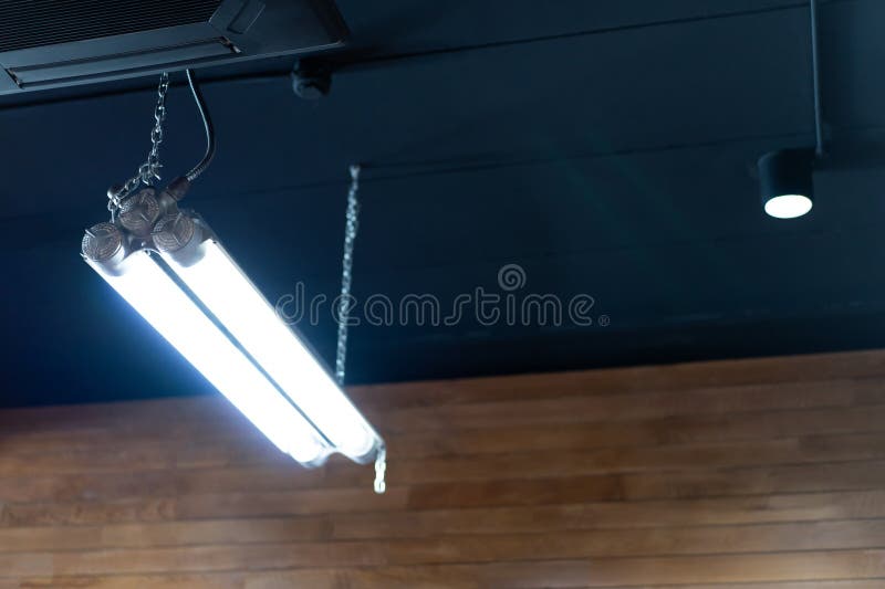 Long Fluorescent Tube ,LED Bulbs and Strips Installed on the Ceiling of ...