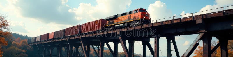 Long Freight Train Traverses Steel Bridge Overhead , High Angle ...