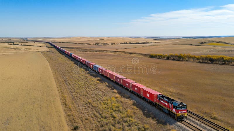 A Long Freight Train Traversing a Wide Open Landscape, Showcasing ...