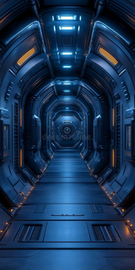 Futuristic Sci-fi Corridor with Blue Lighting and Sleek Metallic Walls ...