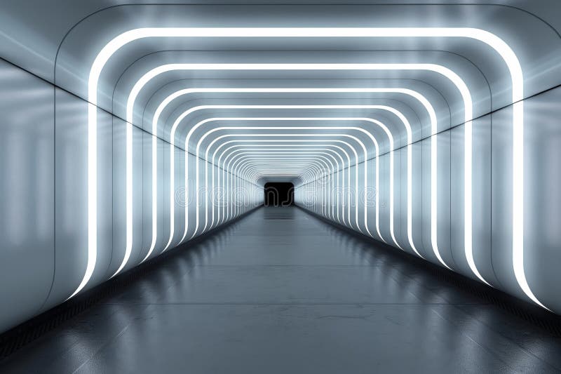 Long Futuristic Hallway Corridor Empty Tunnel Space Striped Light Panel ...